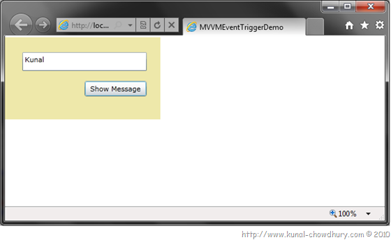 Using EventTrigger in XAML for MVVM – No Code Behind Code